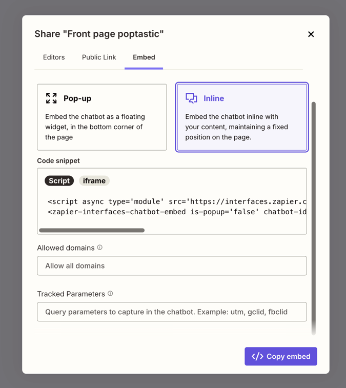 Share and embed a chatbot – Zapier